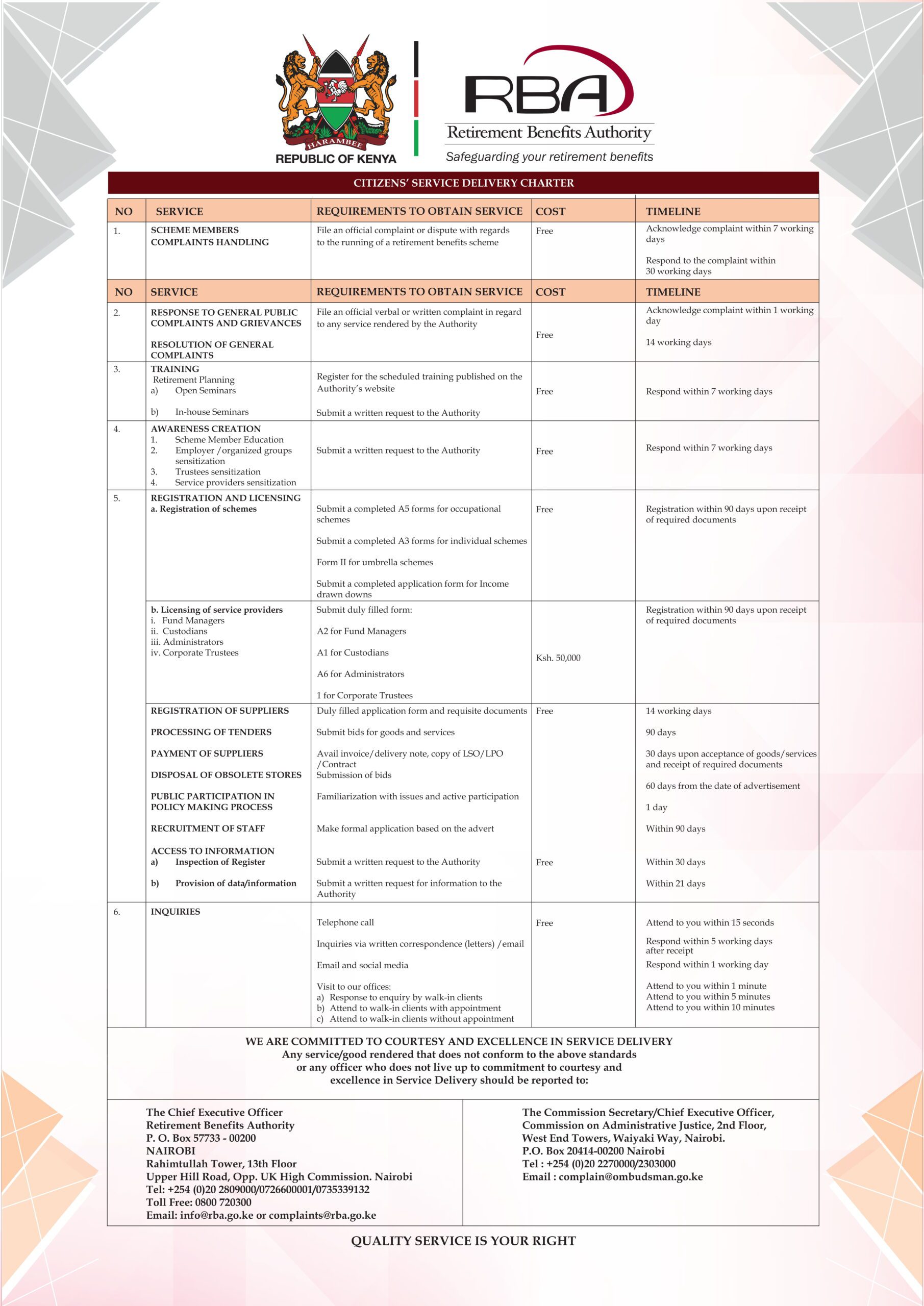 RBA Service Charter - Retirement Benefit Authority